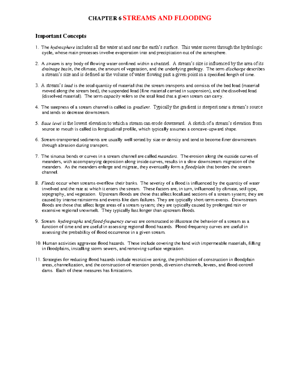 Ch06 Streams and Flooding - CHAPTER 6 STREAMS AND FLOODING Important Concepts The hydrosphere ...