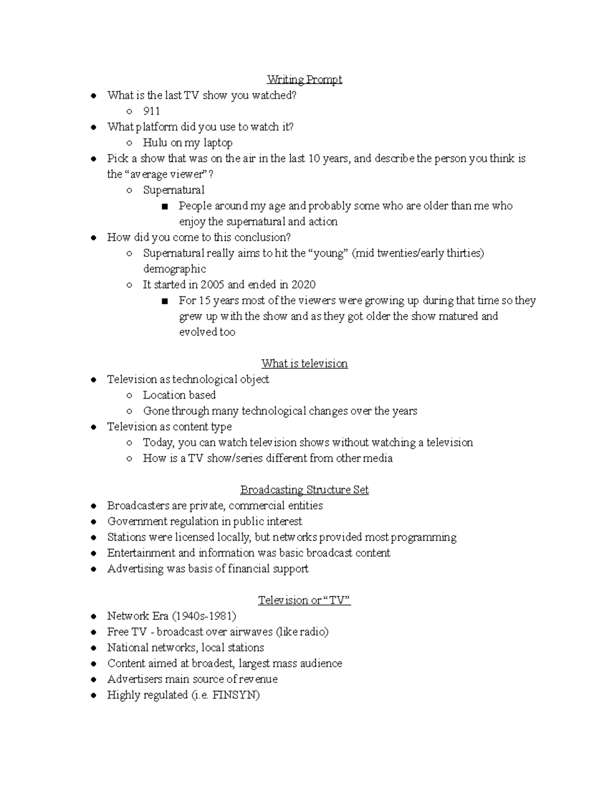 Media Studies 3 11 Class Notes Writing Prompt What Is The Last TV