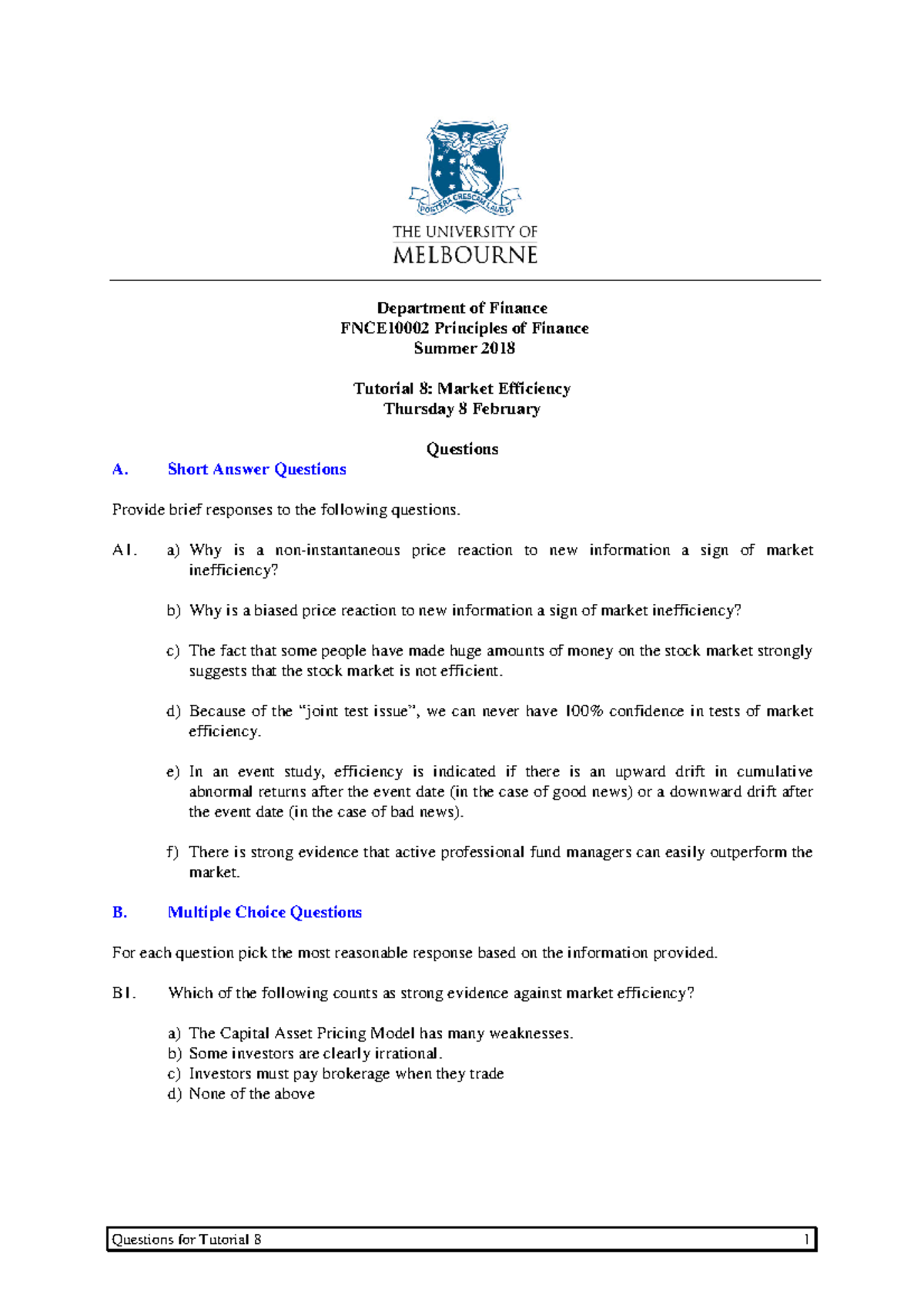 FNCE10002-Tutorial 08-Questions-Summer 2018 copy - Department of ...
