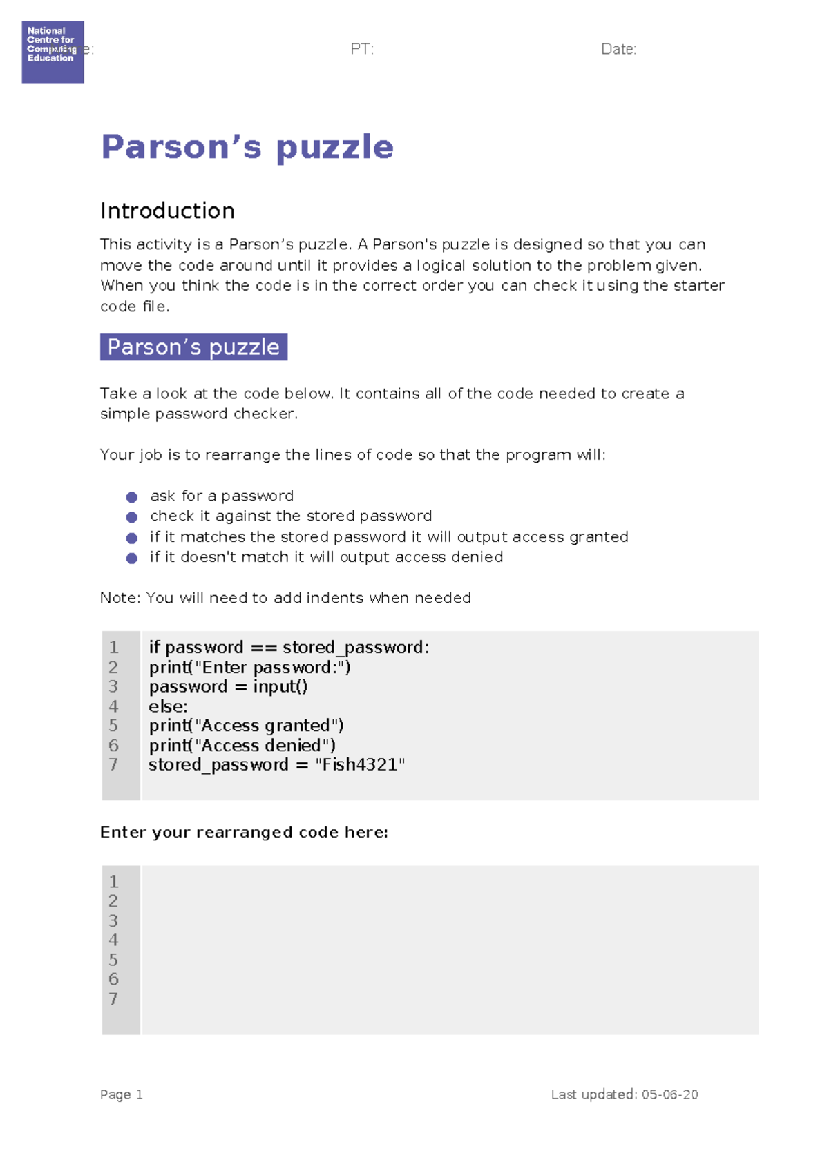 A0 Worksheet - Parson s puzzle - Name: PT: Date: Parson’s puzzle ...
