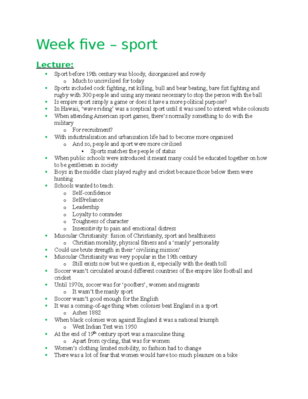 Week 5 - Notes from lecture and readings - Week five – sport Lecture ...