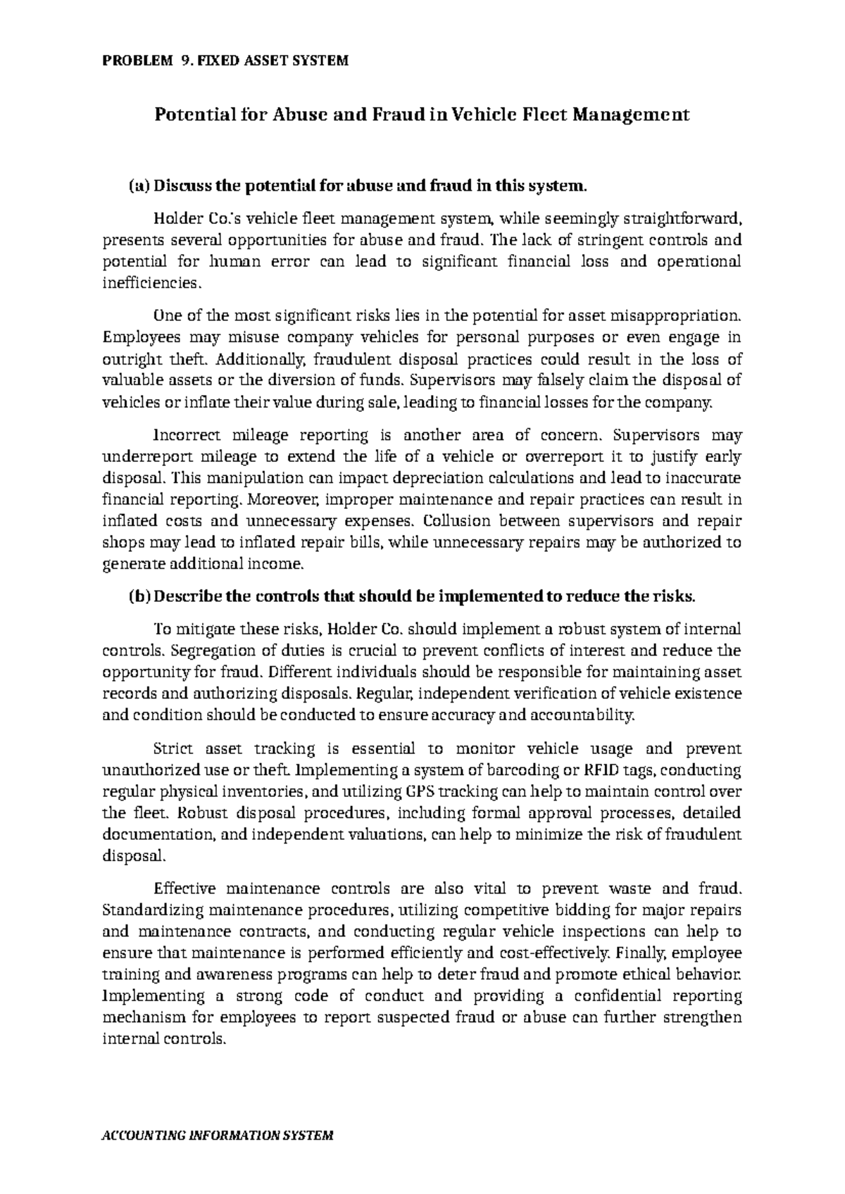 Potential for Abuse and Fraud in Vehicle Fleet Management - PROBLEM 9 ...
