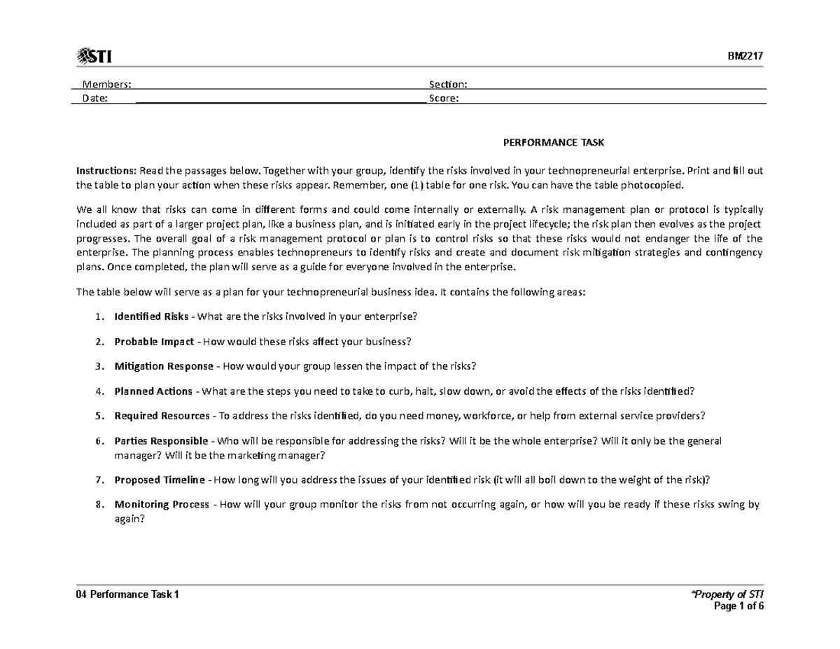 Technopreneurship 04 Performance Task 1 - BM 04 Performance Task 1 ...