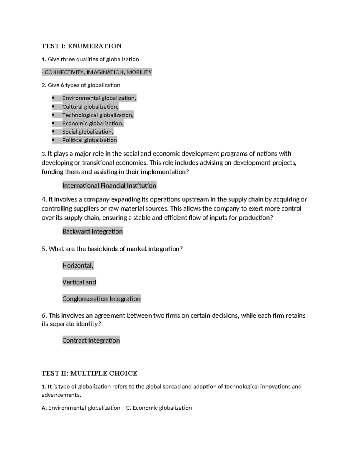 Contemporary_Questionnaire - TEST I: ENUMERATION 1. Give three ...
