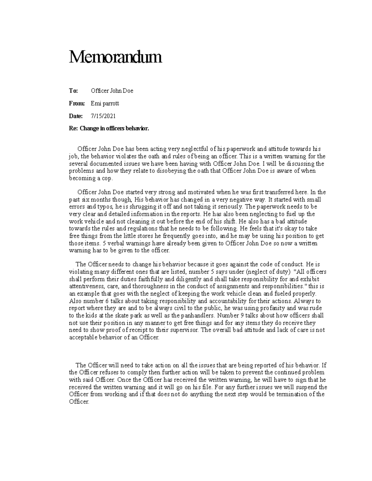 Personnel Action Memo Template - Memorandum To: Officer John Doe From ...