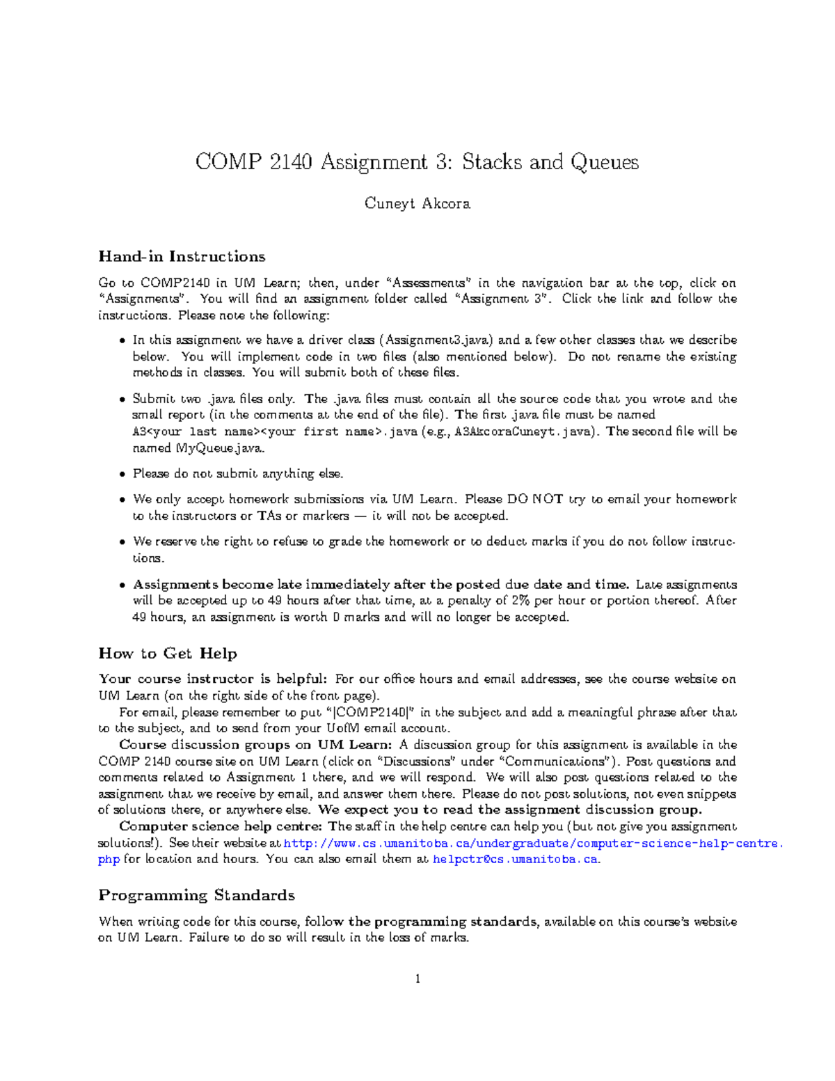 Assignment 3 - assadq - COMP 2140 Assignment 3: Stacks and Queues Cuneyt Akcora Hand-in ...