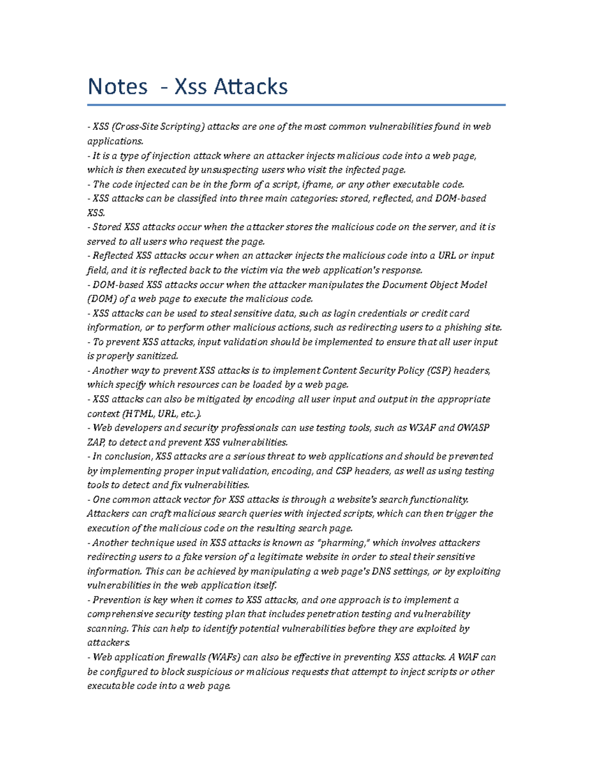 Xss Attacks lecture notes - Notes - Xss Attacks XSS (Cross-Site ...