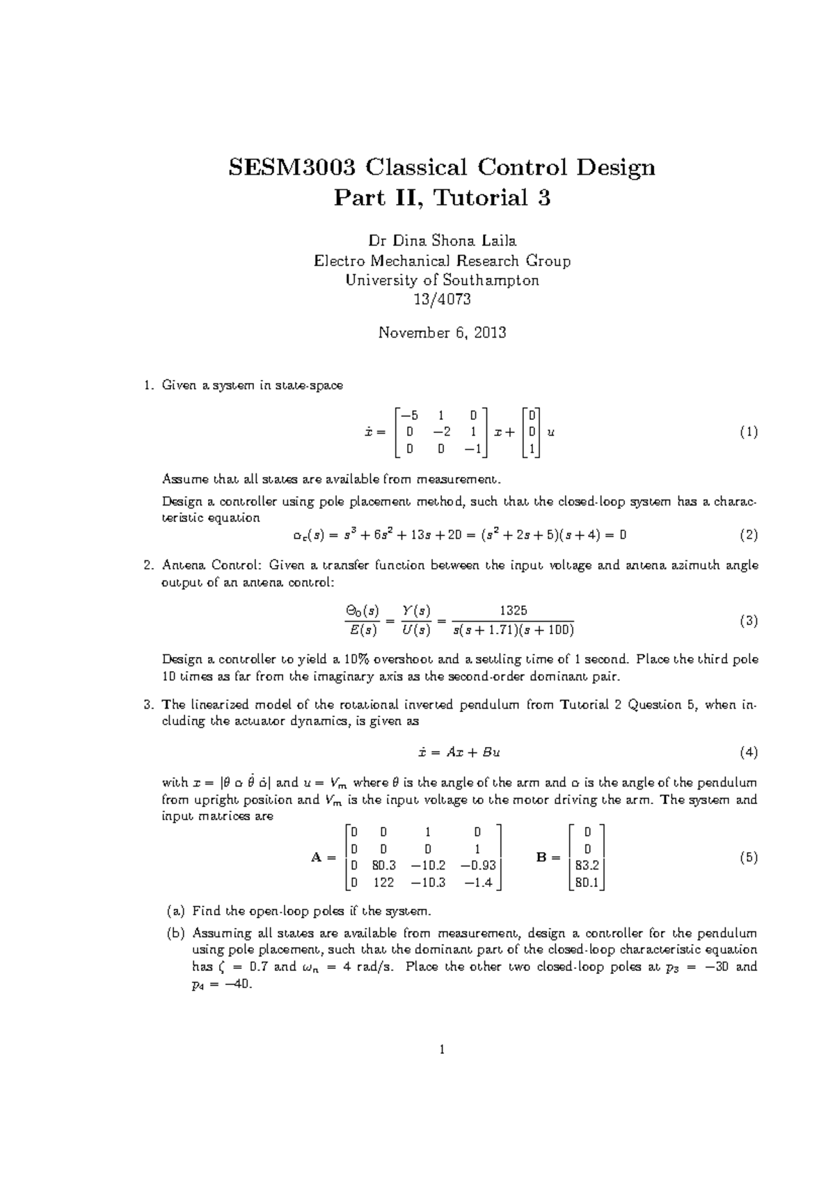 Control Tutorial Questions 03 (state space) - SESM3003 Classical Control Design Part II ...