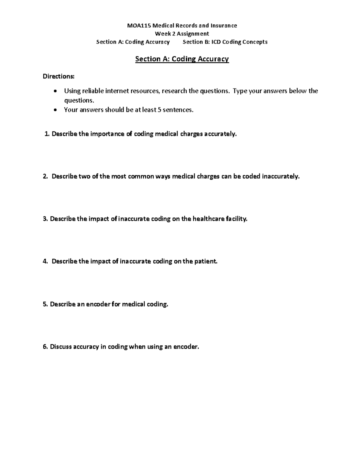 Week 2 Assignment Worksheet-2 - MOA115 Medical Records and Insurance Week 2 Assignment Section A ...