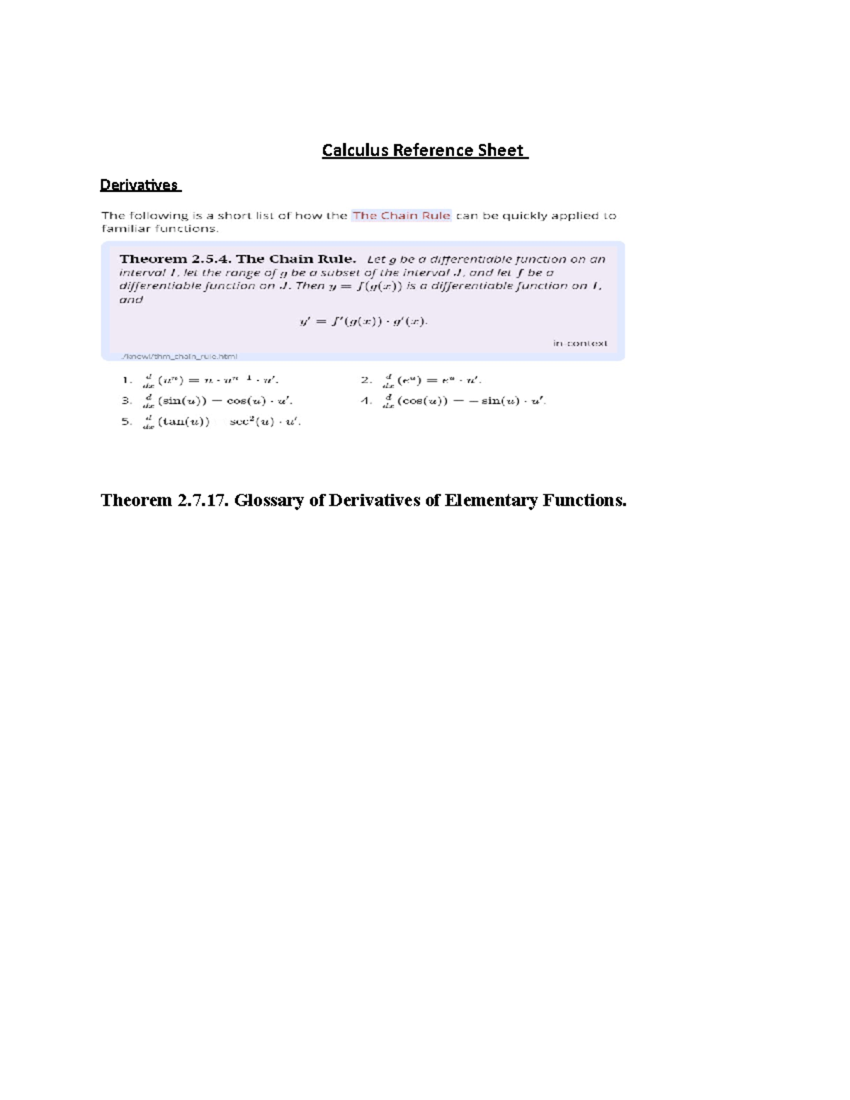 Calculus Reference Sheet - Calculus Reference Sheet Derivatives Theorem ...
