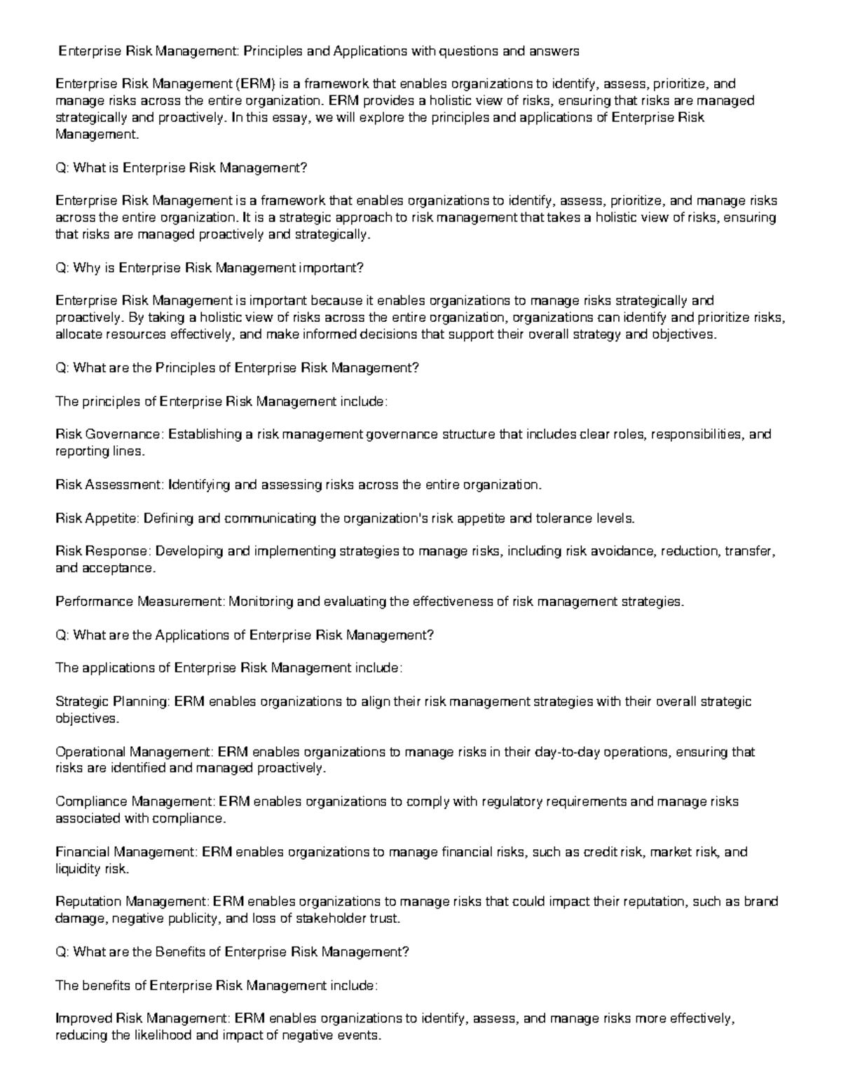 Enterprise Risk Management Principles and Applications - ERM provides a ...