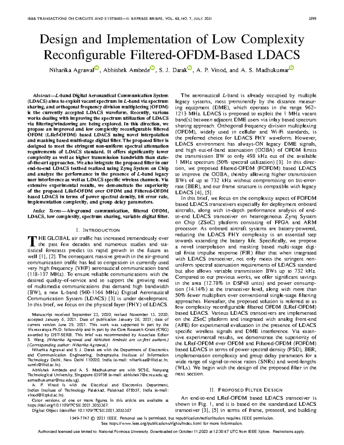 Design And Implementation Of Low Complexity Reconfigurable Filtered Ofdm Based Ldacs Design