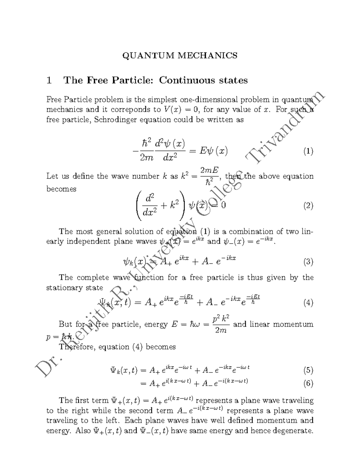 Quantum mechanics - Usefull notes. - Dr. Renjith R.,University College ...