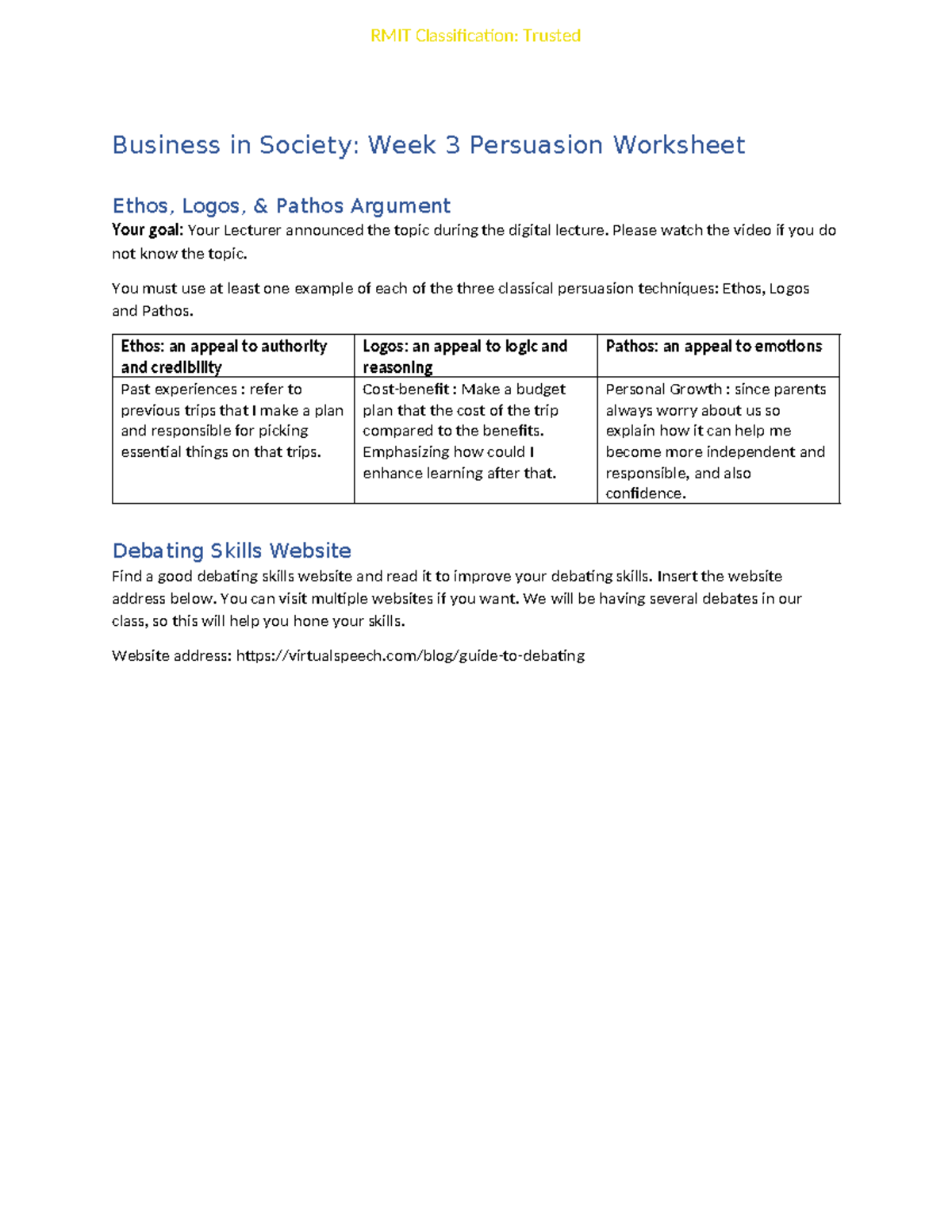 Handout - Online Session - Persuasion Worksheet - RMIT Classification: Trusted Business in ...