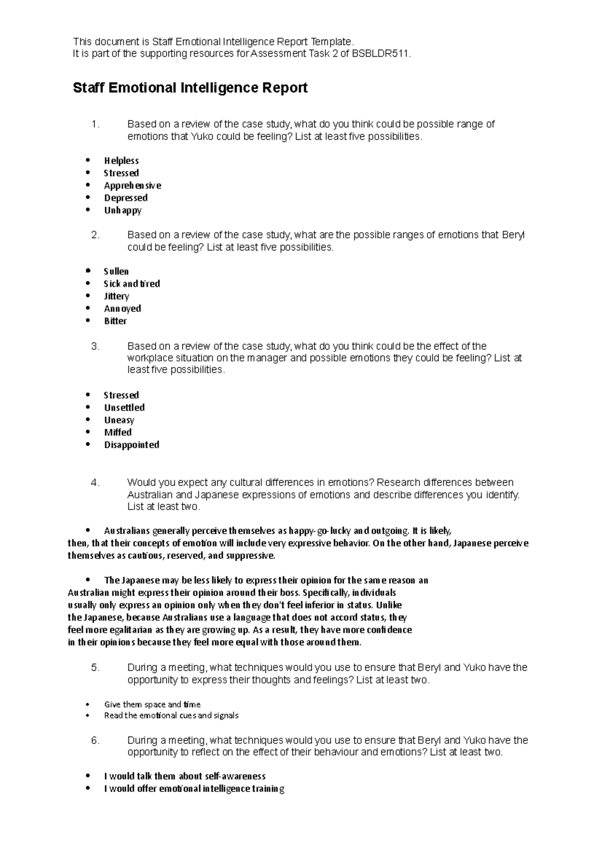 Task 3 - staff emotional intelligence report BSBLDR511 - This document ...