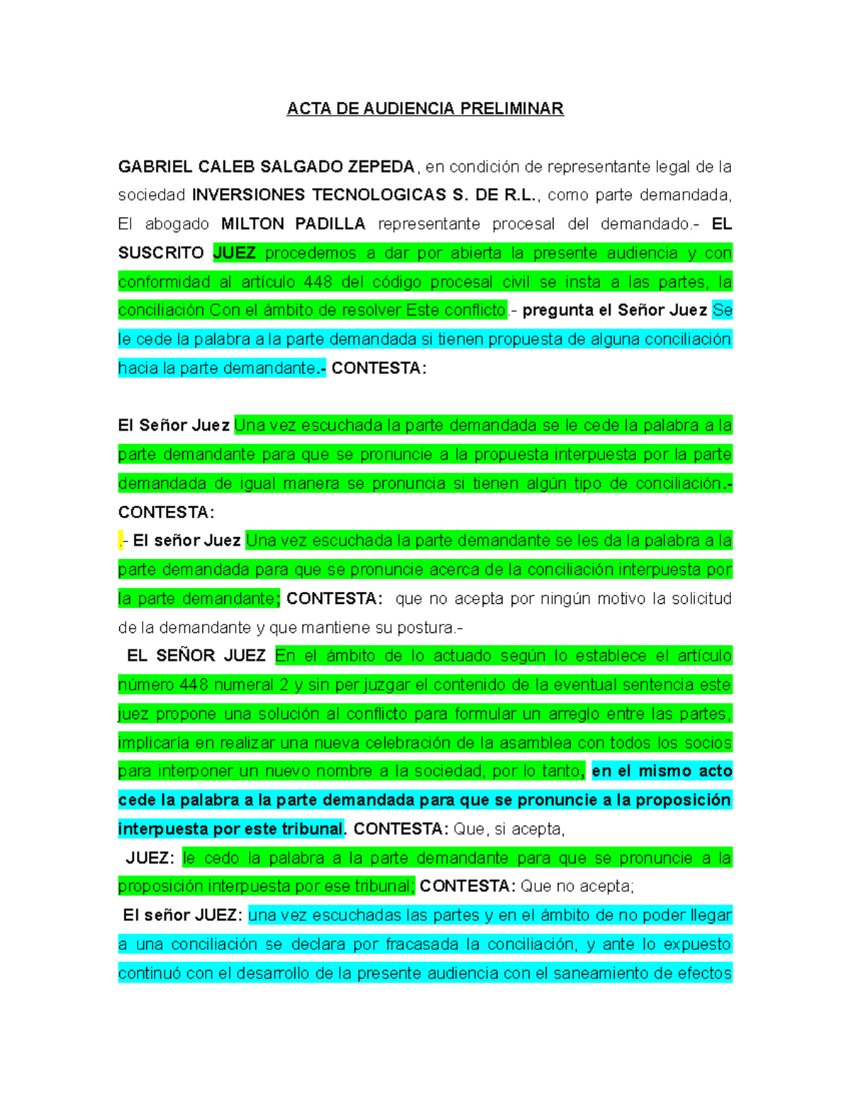1acta audiencia Preliminar Y Probatoria - ACTA DE AUDIENCIA PRELIMINAR ...