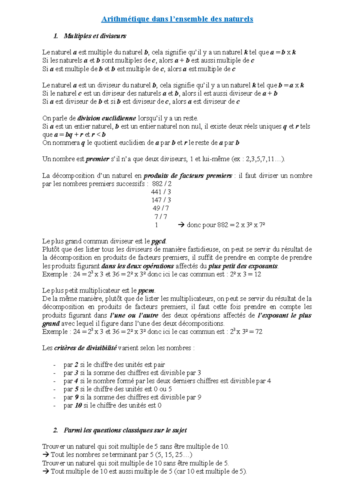 Arithmetique - math - Arithmétique dans l’ensemble des naturels ...