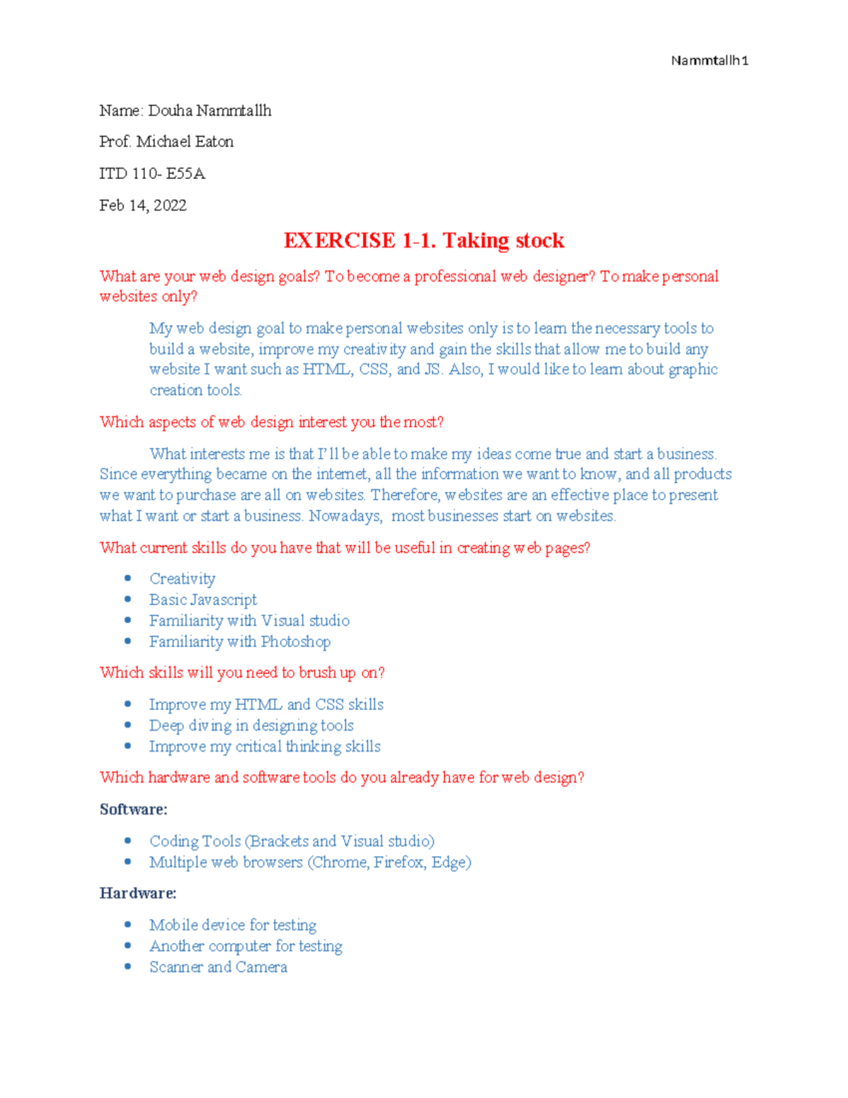 Exercise 1 - ITD 110 - Nammtallh 1 Name: Douha Nammtallh Prof. Michael ...