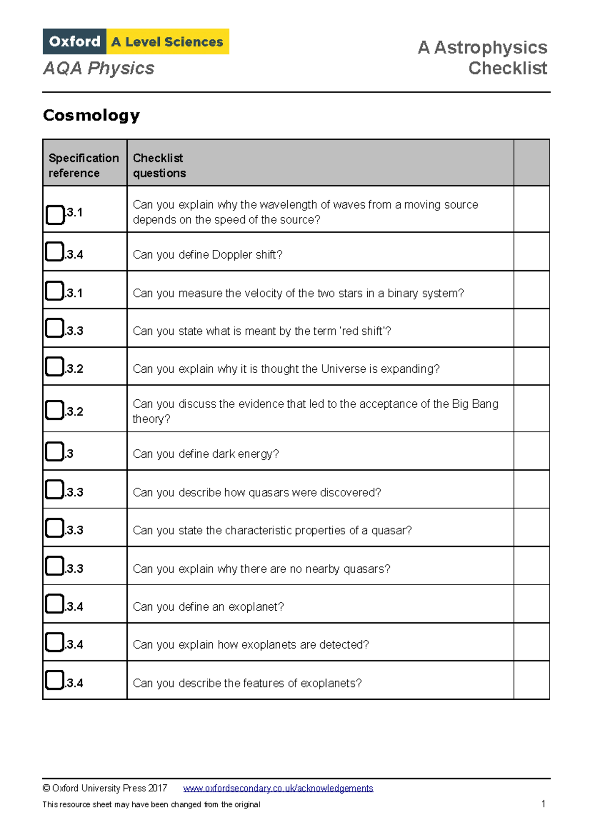 Astrophysics checklist part 3 cosmology - A Astrophysics AQA Physics ...
