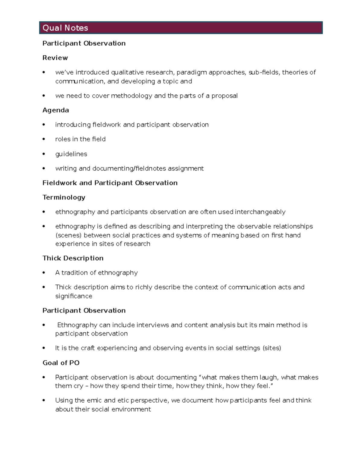 Qual Research Notes Qual Notes Participant Observation Review Weve