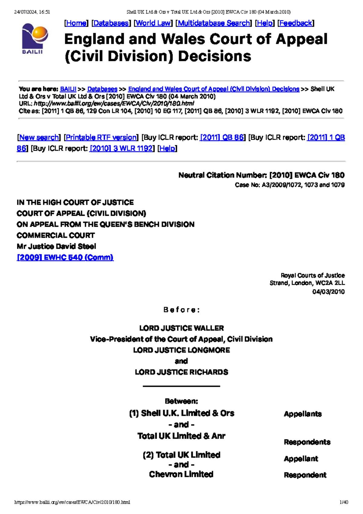 Shell UK Ltd & Ors v Total UK Ltd & Ors [2010 ] EWCA Civ 180 (04 March ...