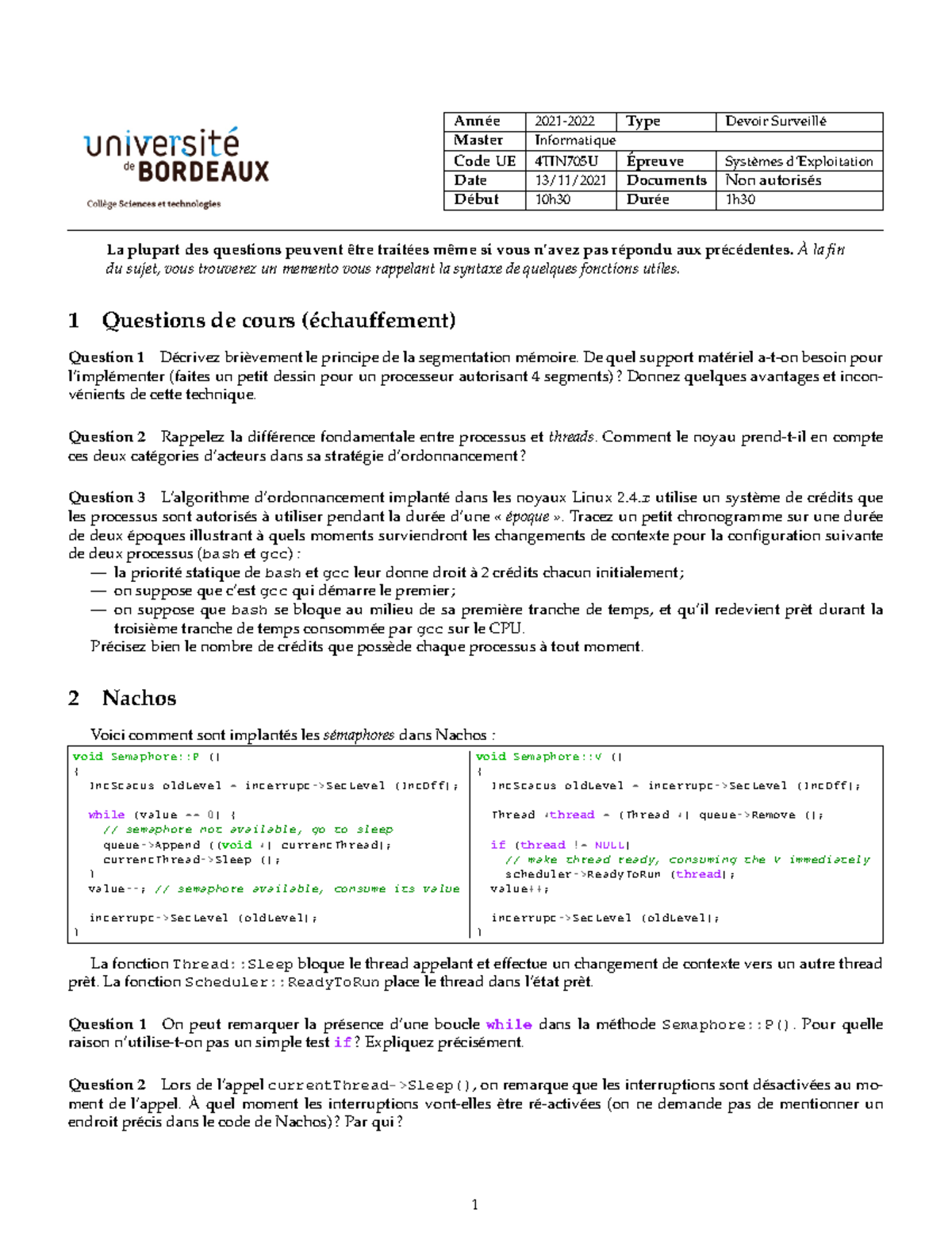 Ds-2021 - Année 2021-2022 Type Devoir Surveillé Master Informatique Code UE 4TIN705U Épreuve ...