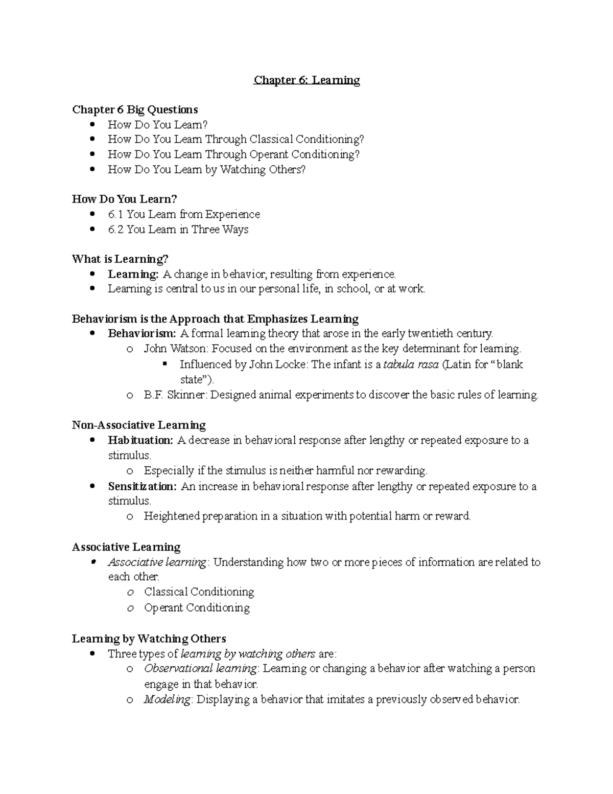 Chapter Six Notes Chapter 6 Learning Chapter 6 Big Questions How Do