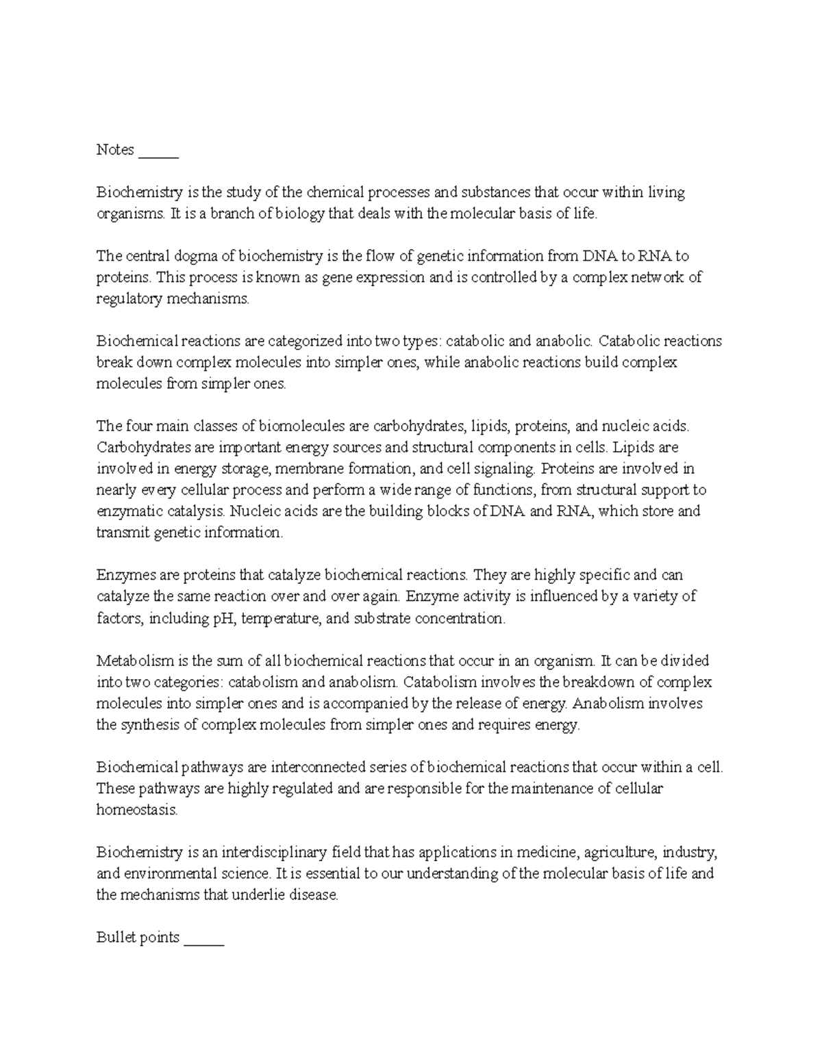 Biochem Notes Notes Biochemistry Is The Study Of The Chemical