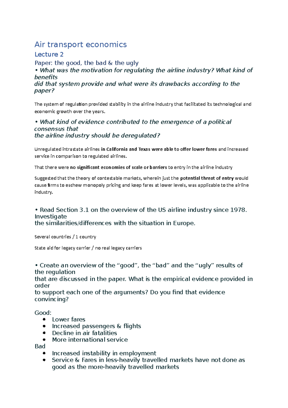 Air transport economics Exam Notes - Air transport economics Lecture 2 ...