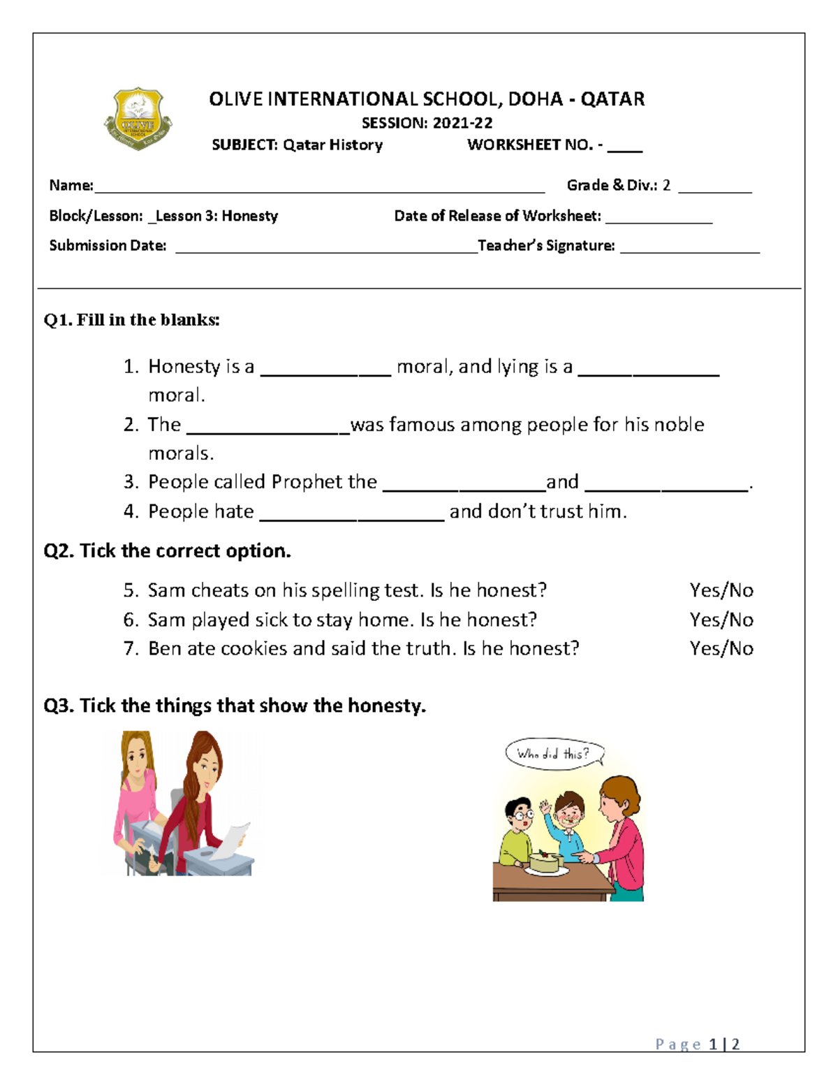 Lesson 3: Honesty - P a g e 1 | 2 Name