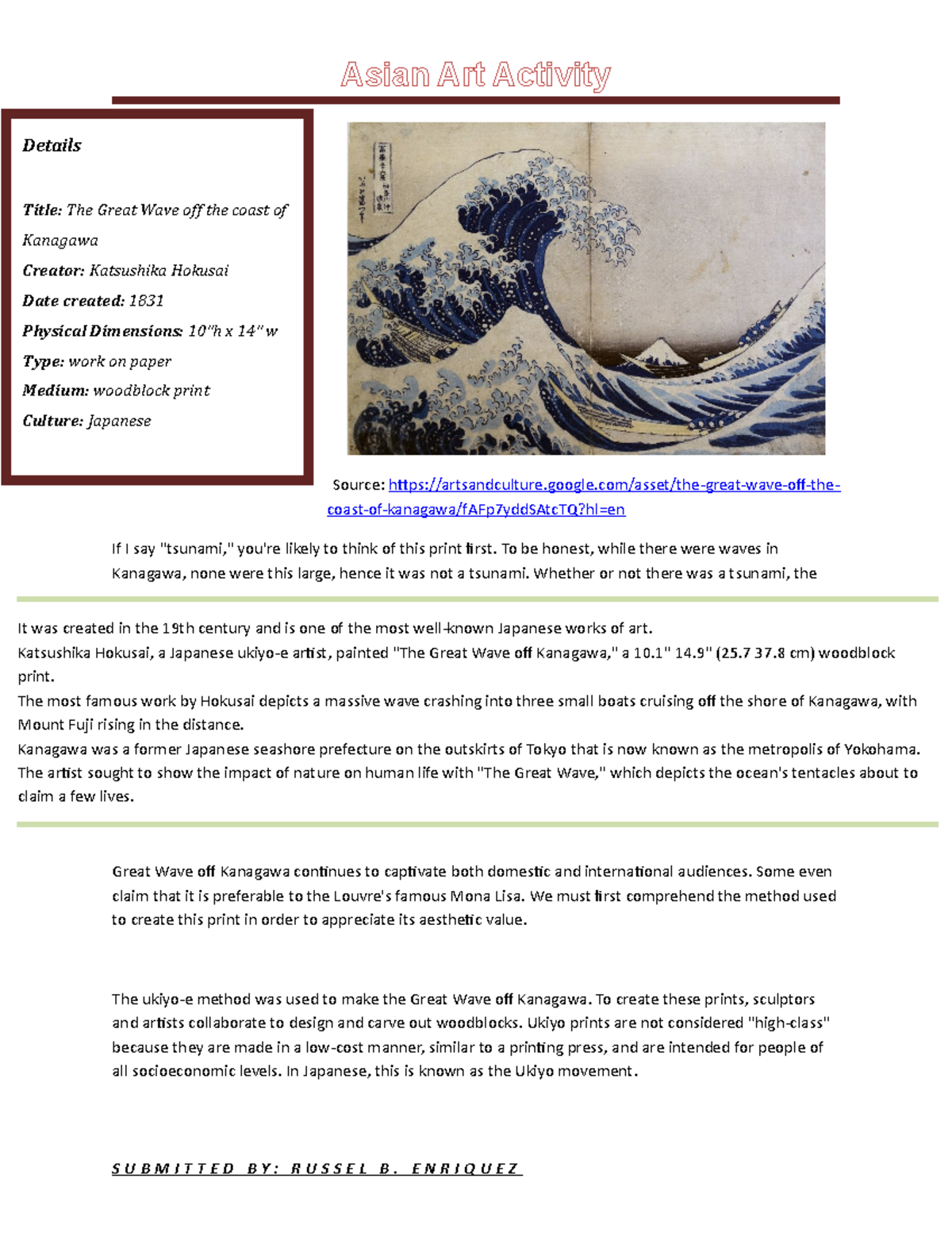 Asian Art Activty - For assignment,ent - Asian Art Activity Source ...