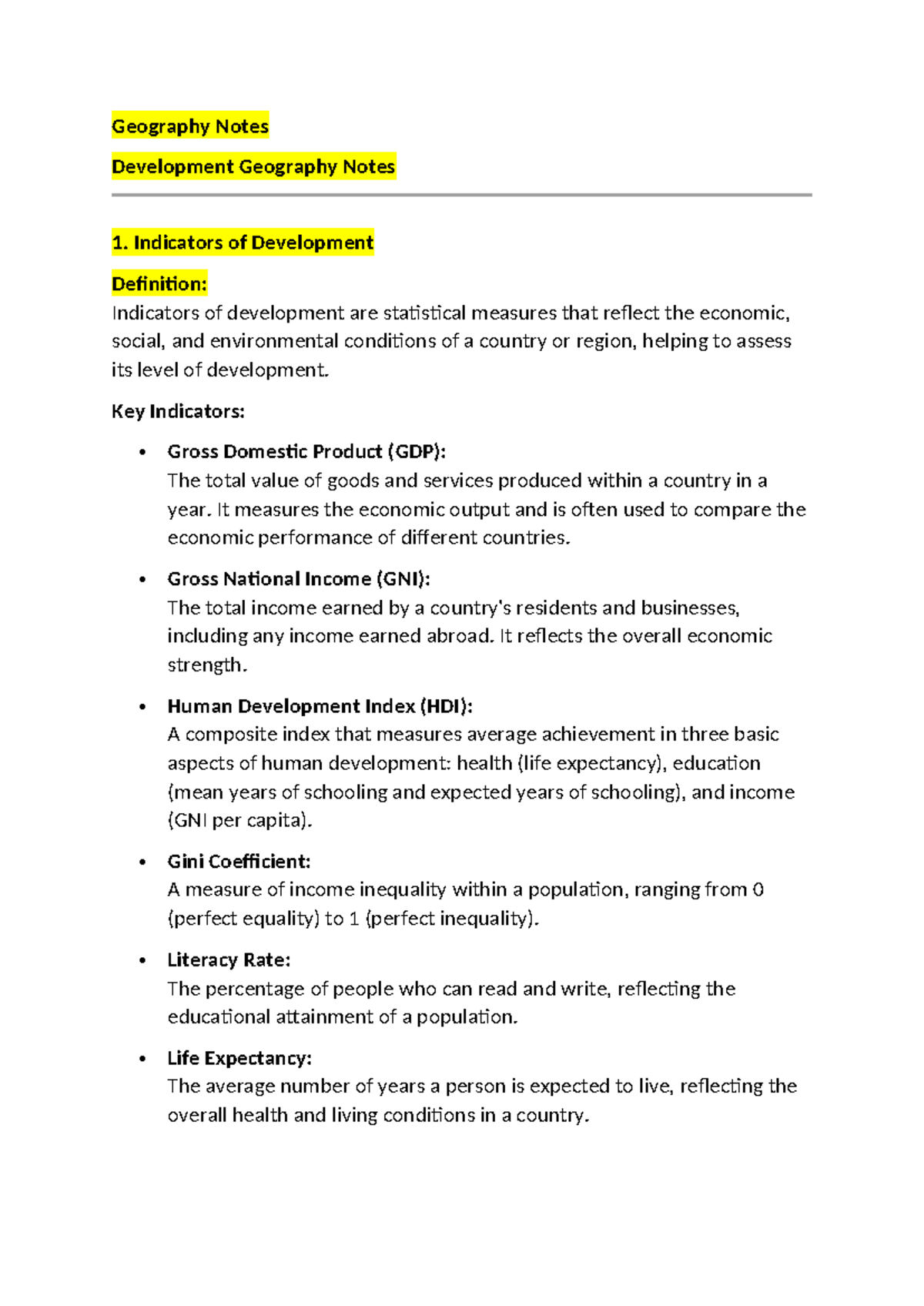Geo notes - Geography Notes Development Geography Notes 1. Indicators ...