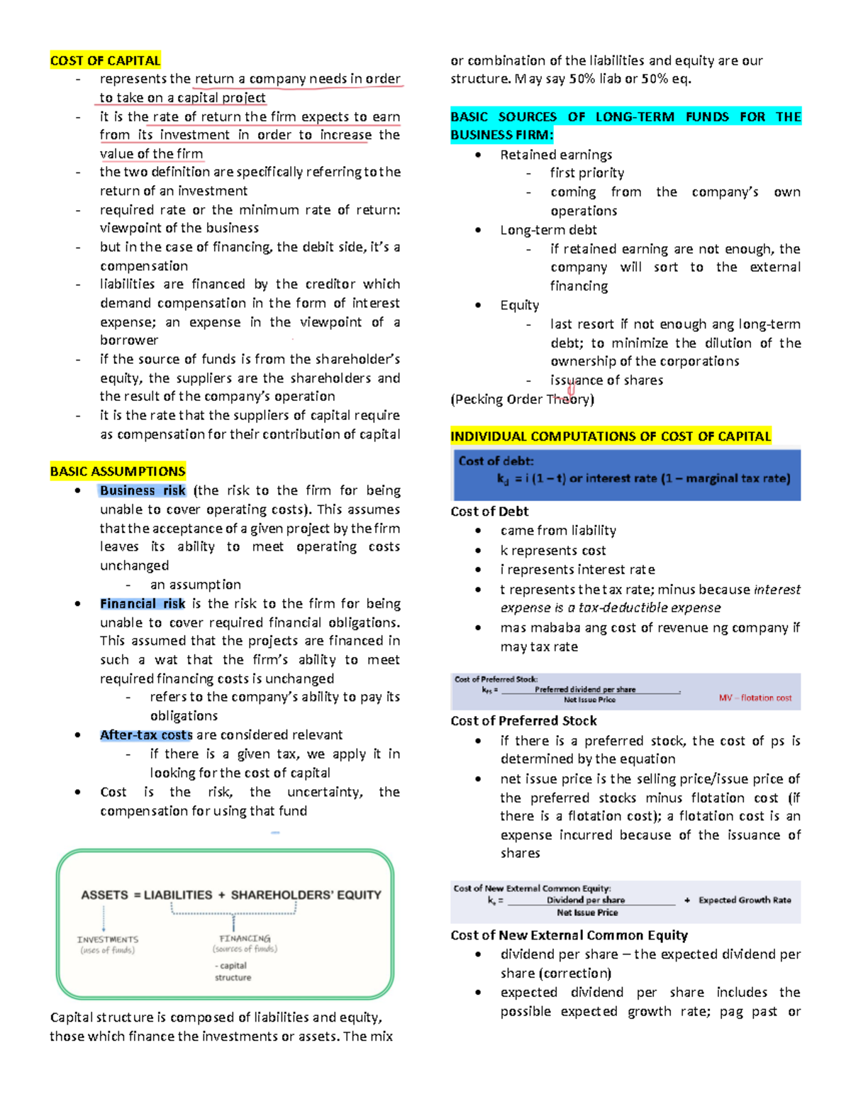COST OF Capital - notes - COST OF CAPITAL represents the return a ...