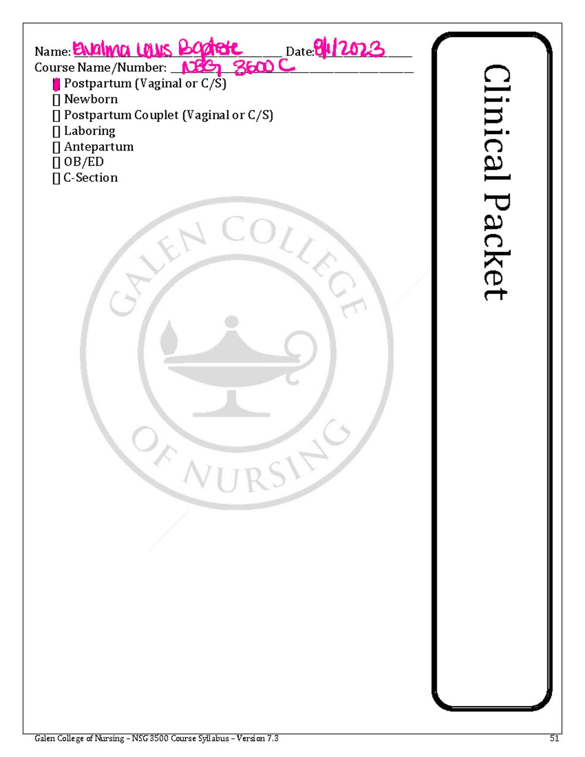 Maternity CP - Clinical packet - Name: __________________________________________ Date: - Studocu