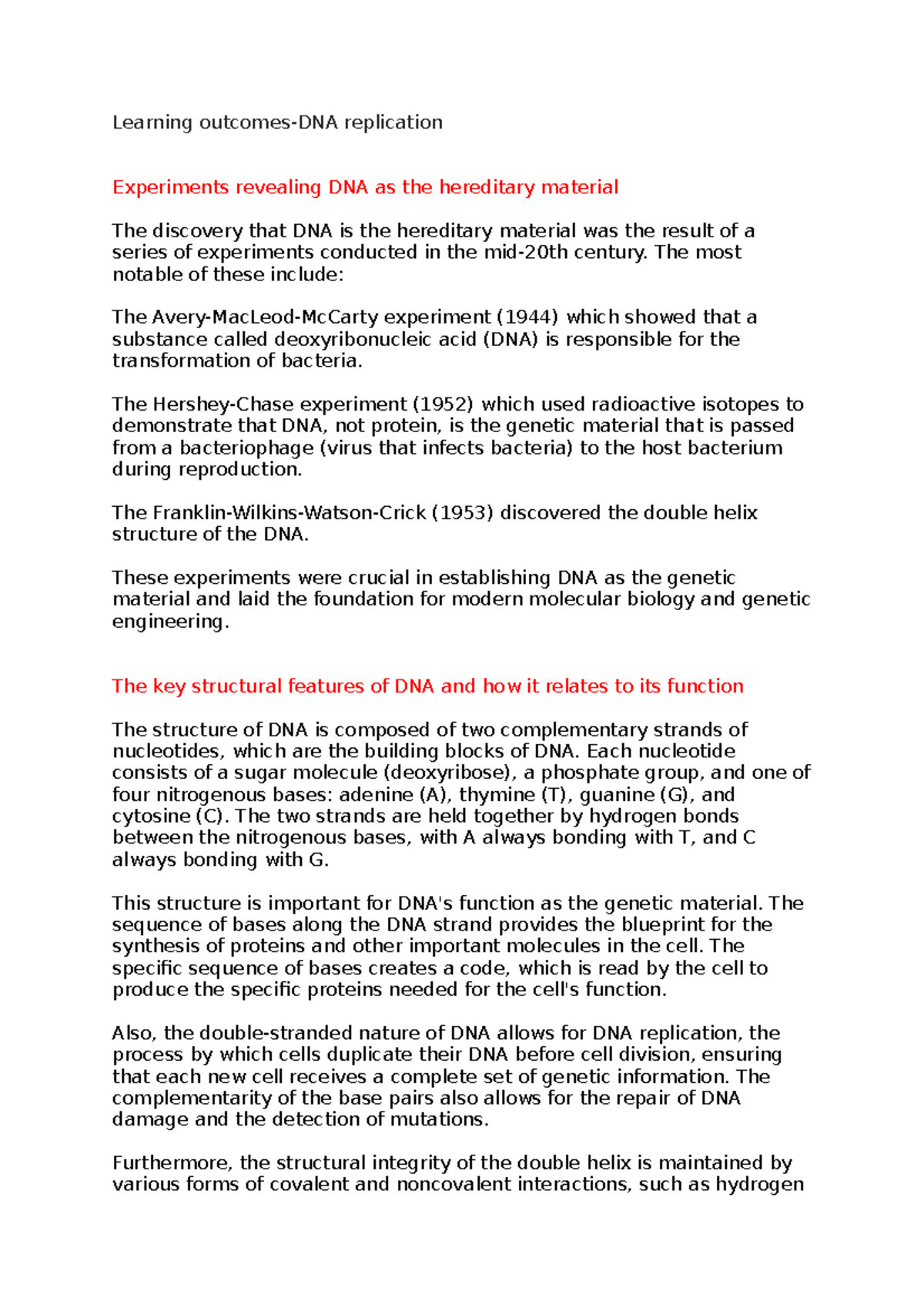 DNA replication - SUMMARY NOTES - Learning outcomes-DNA replication ...