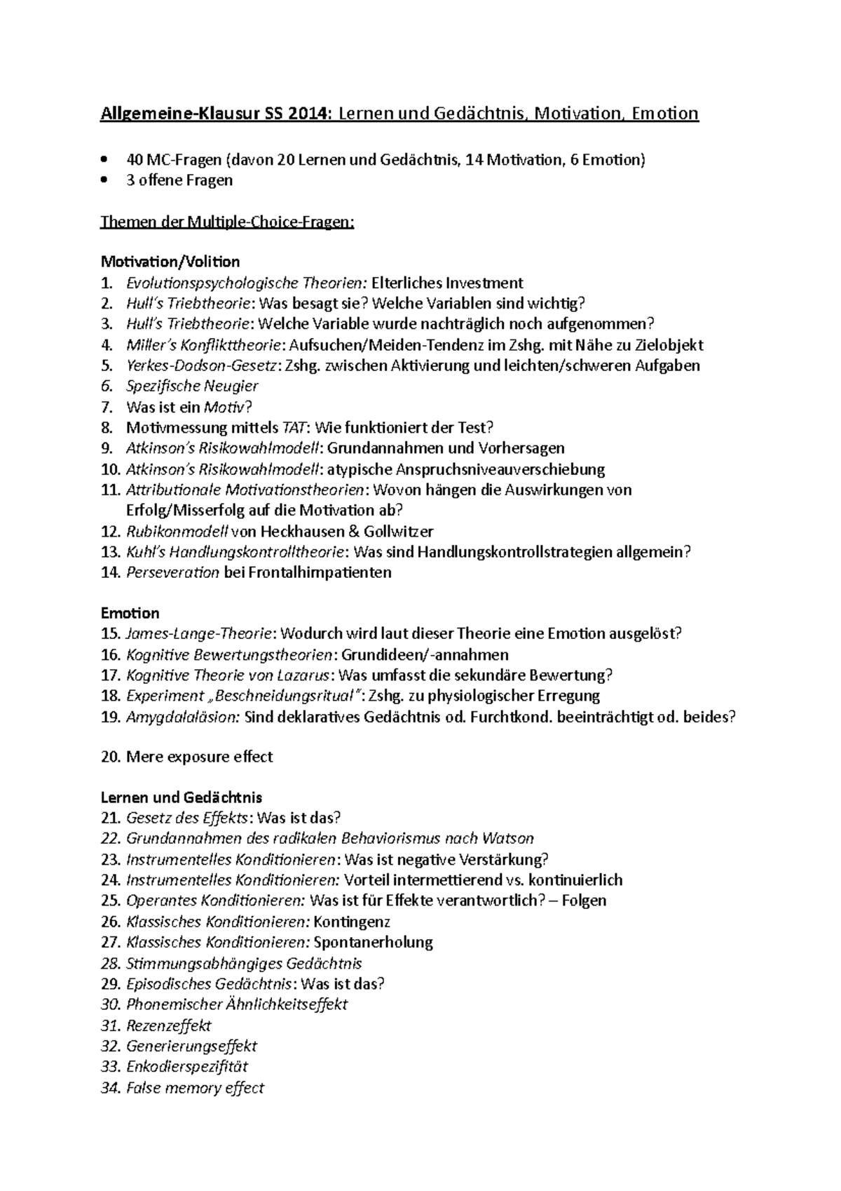 Klausur Allgemeine Psychologie II SS 2014 - Allgemeine-Klausur SS 2014: Lernen und Gedächtnis ...