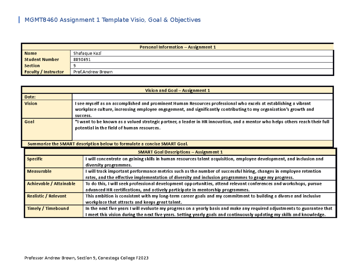 Assignment 1 Project capstone - MGMT8460 Assignment 1 Template Visio, Goal & Objectives Personal ...
