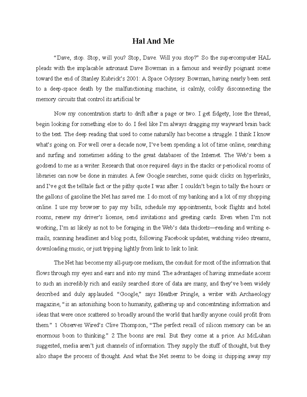 Hal And Me - Hal And Me Lecture notes - Hal And Me “Dave, stop. Stop ...