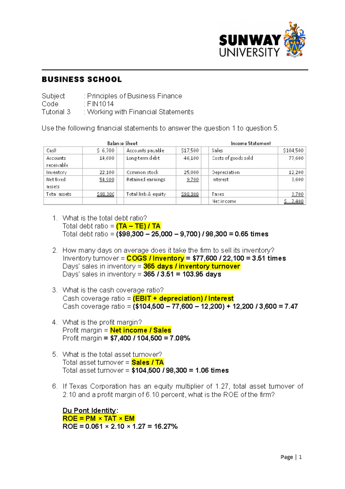 Tutorial 3 Working with Financial Statements answer - BUSINESS SCHOOL ...