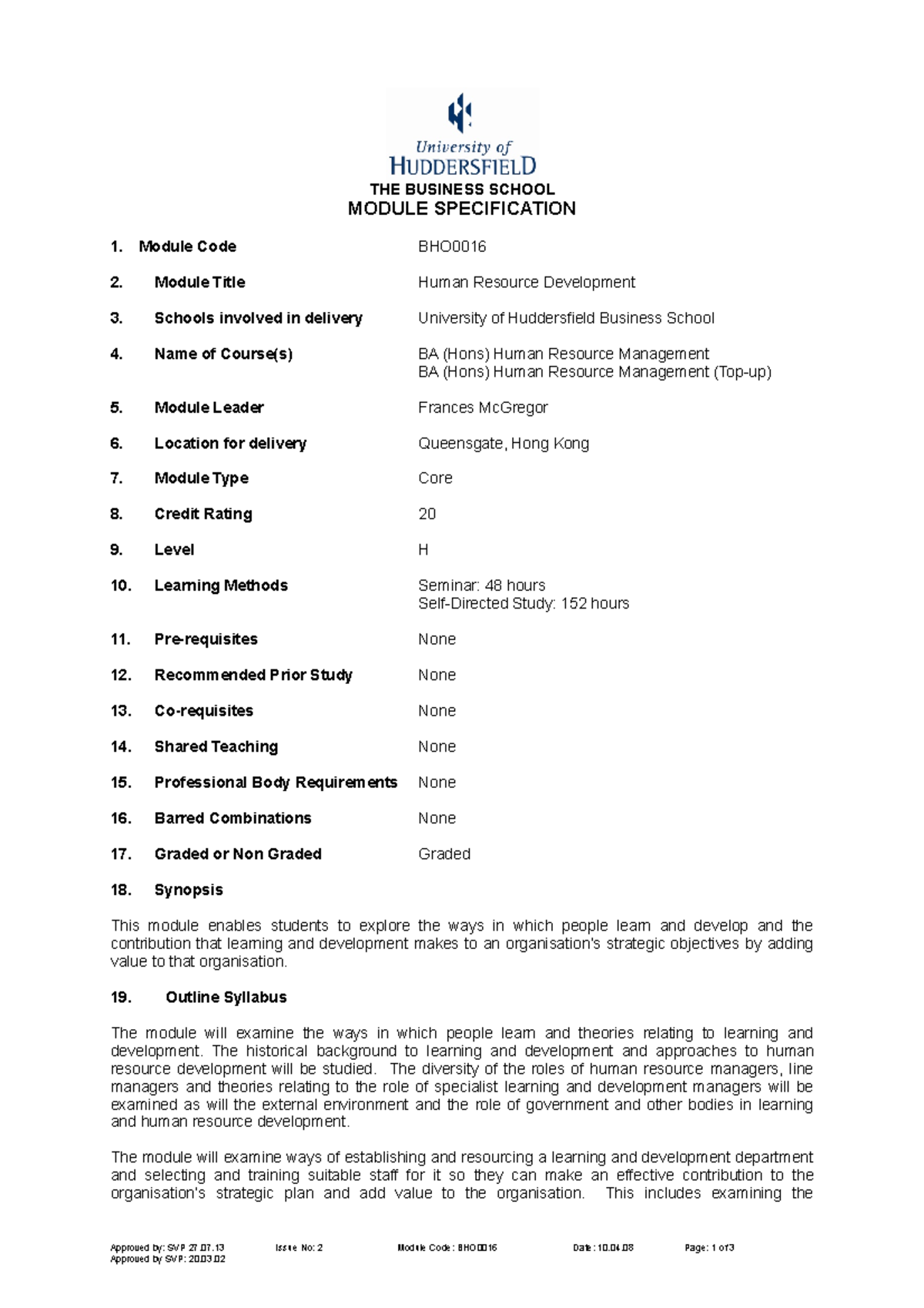 Human Resource Development - THE BUSINESS SCHOOL MODULE SPECIFICATION 1 ...