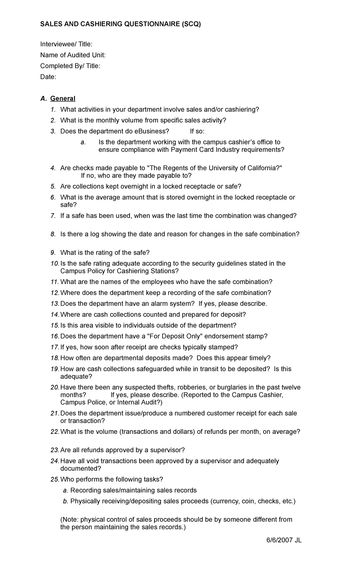 Scq - Lecture notes 6 - SALES AND CASHIERING QUESTIONNAIRE (SCQ ...