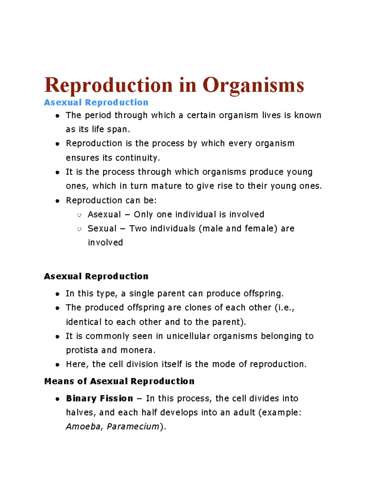 Chapter 1 Reproduction in Organisms - Reproduction in Organisms Asexual ...