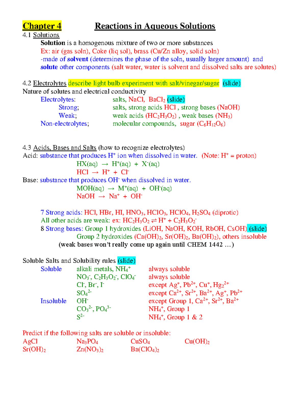 Chapter 04 Aqueous Reactions (1341 1441) - Chapter 4 Reactions in ...