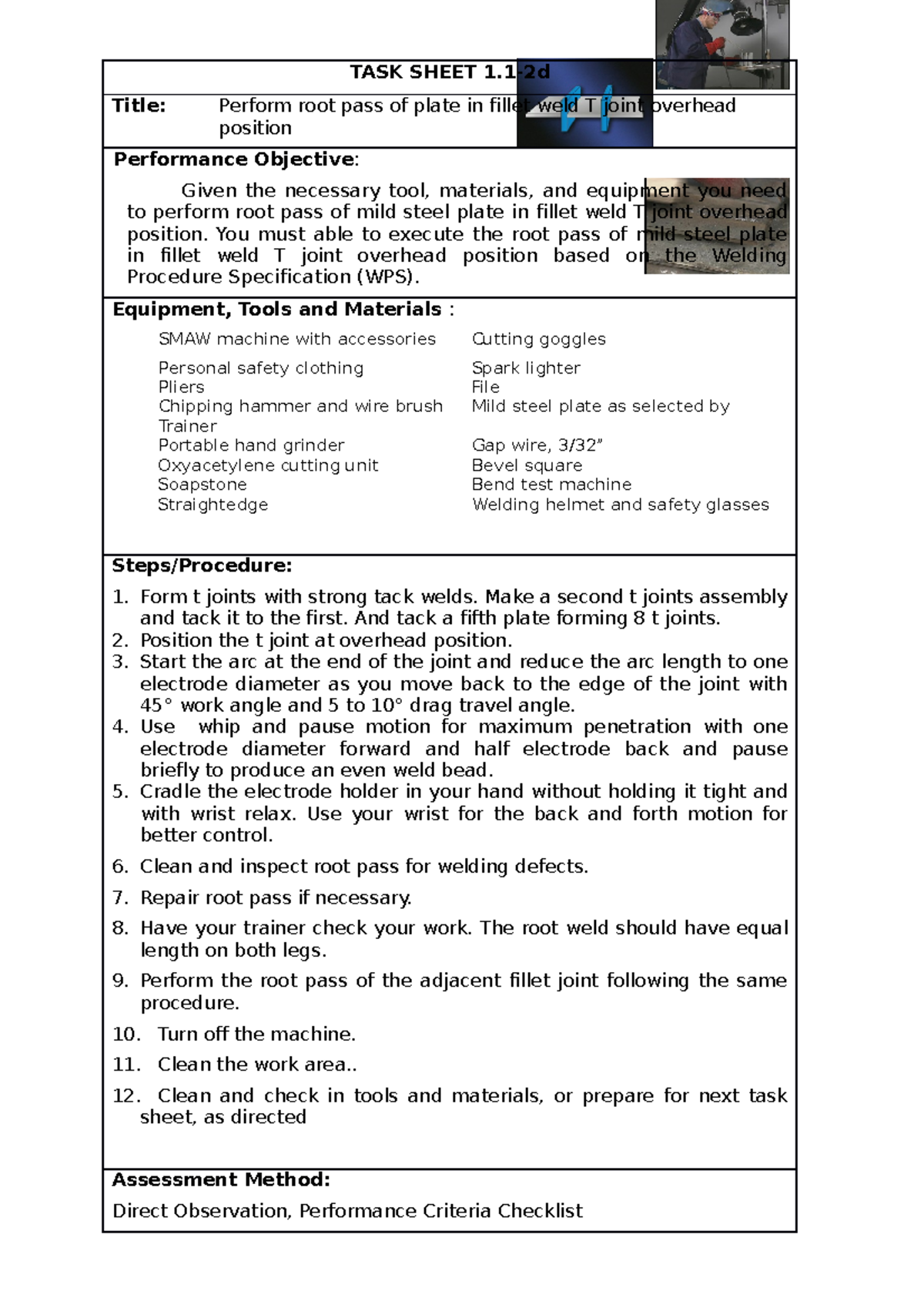 1 TASK Sheet 1 - none - TASK SHEET 1-2d Title: Perform root pass of ...