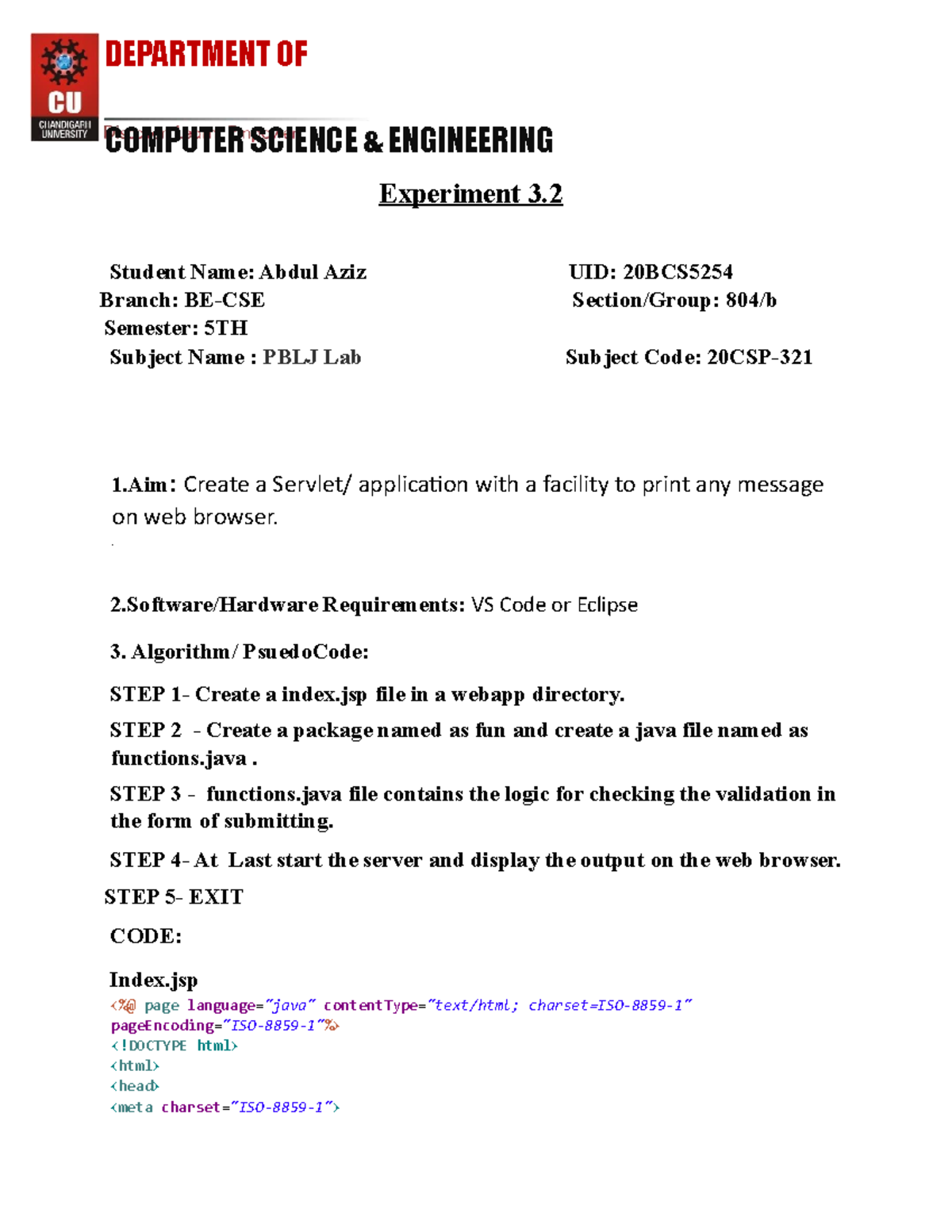 Java-3 - this is the worksheet of lab practicals - COMPUTER SCIENCE & ENGINEERING Experiment 3 ...