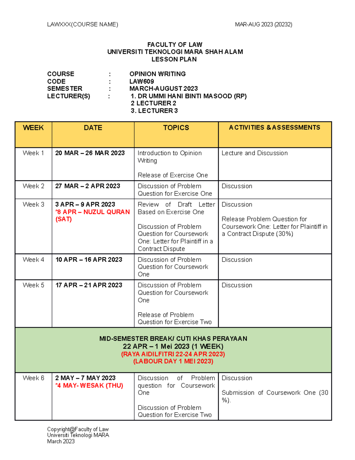 Opinion Writing Ui Tmlaw Lesson PLAN FOR SEM MAC August 2023 - LAWXXX ...