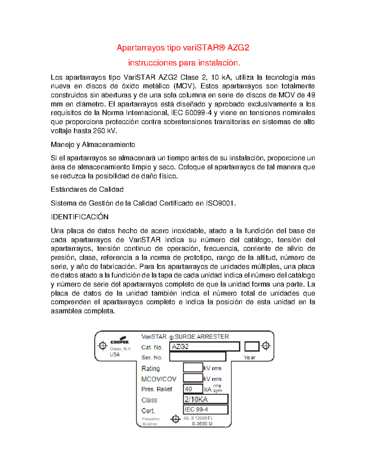 Apartarrayos tipo vari STAR - Apartarrayos tipo variSTAR® AZG ...