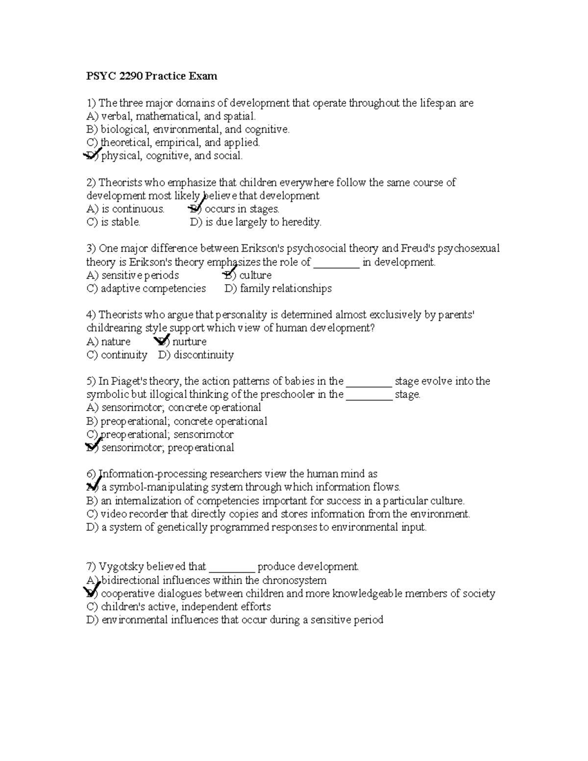 PSYC 2290 Practice EXAM - PSYC 2290 Practice Exam The three major domains of development that ...