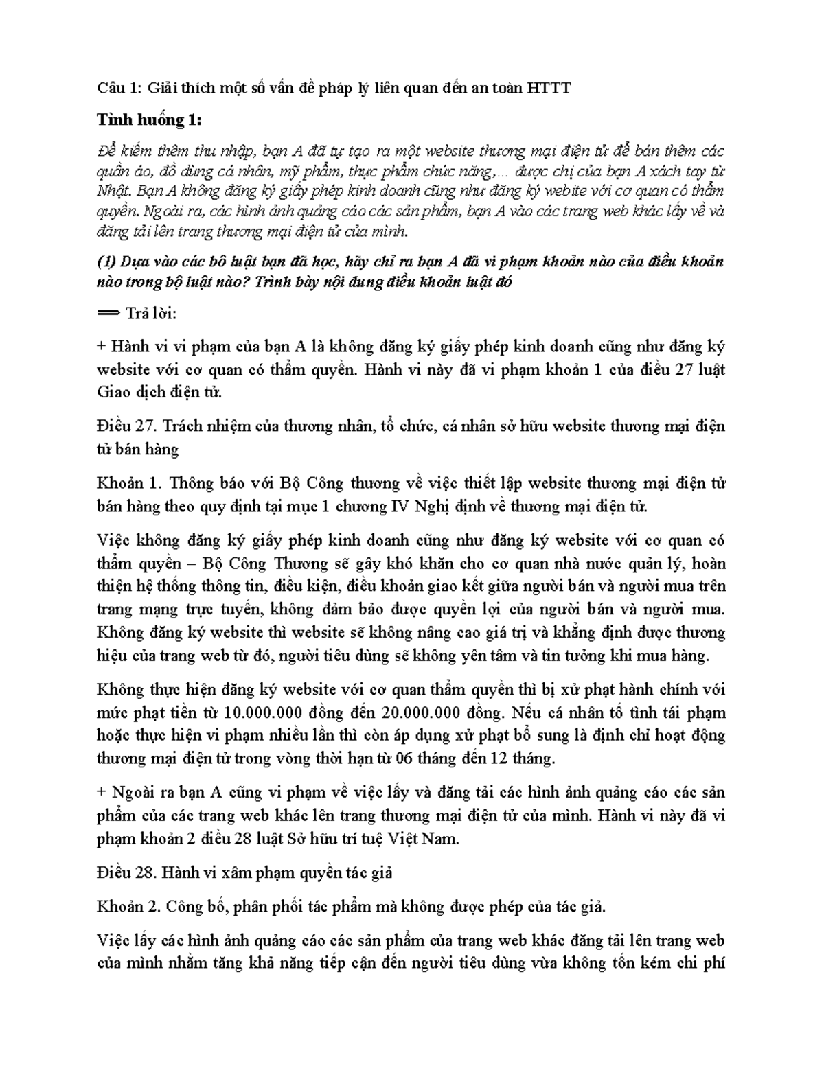 Gk ATTT - Ôn tập giữa kỳ ATTT - Câu 1: Giải thích một số vấn đề pháp lý liên quan đến an toàn ...