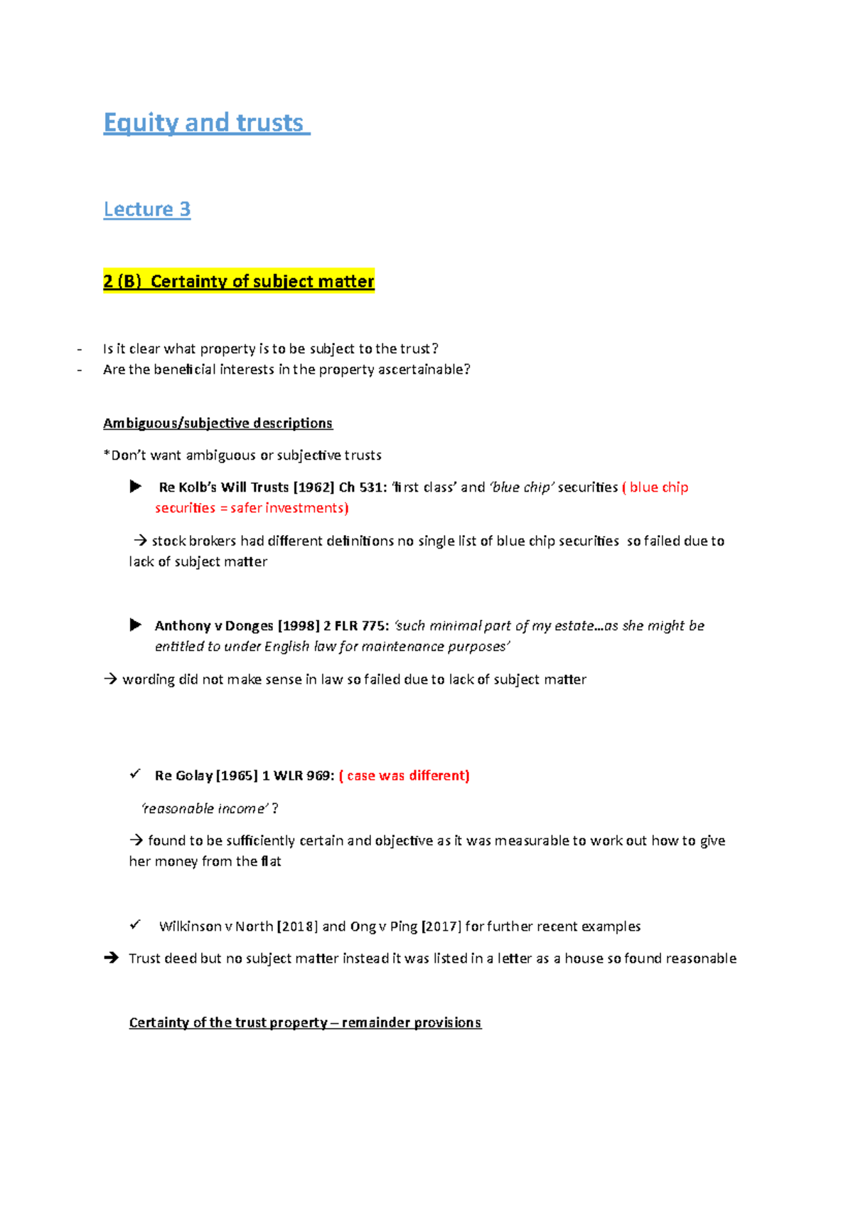 Equity and trust Lecture 3 ( Certainty of subject matter) - Equity and trusts Lecture 3 2 (B ...